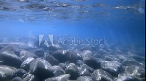 Underwater in blue ocean with transparent water, stone bottom, reflection, waves and transparent water.
