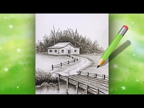 Easy Village Scenery Drawing | Simple House and Bridge Landscape with Pencil Shading