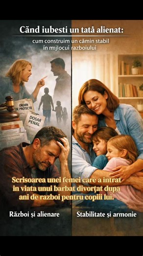 Cand iubesti un tata alienat: cum construim un camin stabil in mijlocul razboiului Eu sunt femeia care a intrat in viata unui barbat dupa ani de razboi pentru copiii lui. Un tata tradat, falimentat, acuzat pe nedrept, tarat prin instante, cu ordine de protectie false si dosare penale fara probe. Un om care a fost impins afara din viata copiilor sai de o mama care a plecat pentru alt barbat si care acum foloseste copiii ca arme. Si da, mama alienatoare si partenerul ei, „noul tata”, sunt agresivi