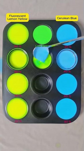 Create 4 colors from 2 colors : Fluorescent Lemon Yellow + Cerulean Blue #mix #asmr #colors