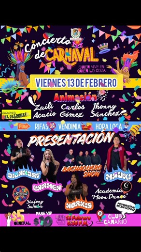 🎭 ¡EL CARNAVAL SE VIVE EN EL PABLO NERUDA!. 👑 ¡Las Calderas se viste de gala! ¡La espera terminó! Este viernes 13 de febrero, prepárate para el evento más colorido y emocionante: nuestro Gran Concierto de Carnaval. Ven y vive la espectacular Elección de la Reina del Colegio "Pablo Neruda", una noche donde la belleza y el talento se apoderan del escenario con artistas locales y regionales de primer nivel. 🎫 ¡ASEGURA TU LUGAR! Entrada General: $5 Pase VIP: $10 Contacto directo para adquirir ent