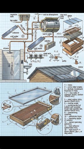 the design and installation of a DIY solar water heating system. It breaks down the project into a plumbing schematic, a structural assembly guide, and a detailed view of the solar collector itself. 1. SYSTEM OVERVIEW (TOP LEFT) This section shows how the water flows through a residential setup. • The Cycle: Tap water enters a regulator tank at the top. From there, it flows down into a solar collector. • Heating: As the water sits in the collector, it is heated by the sun and rises (thermosiphon