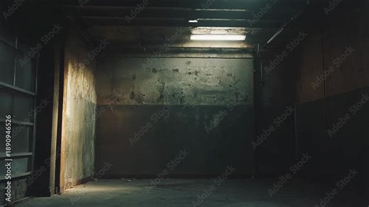 Empty and abandoned industrial warehouse space with distressed walls and concrete floor, reflecting sunlight from a window and artificial light from above, evoking themes of urban decay and neglect