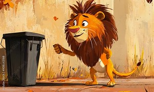 2D illustrated cartoon lion character interacting with a dustbin