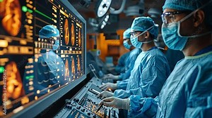 Using holographic displays, the surgical team operates in a state-of-the-art operating room to perform virtual cardiac surgery.