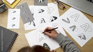 Logo design and creation. The designer draws a sketch of the brand on paper.