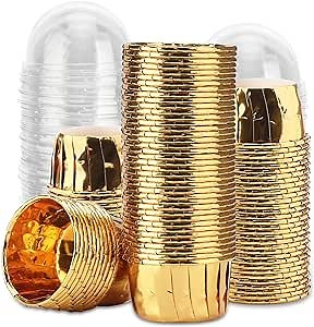 EUSOAR Gold Cupcake Cups with Lids,3.5 Oz 100pcs Disposable Foil Muffin Liners, Oven-safe Aluminum Mini Baking Cups, Ramekin Containers for Party Picnic Camping Family Gathering