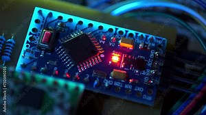 Electronics repair. Microcircuit with electronic components connected to power supply. Small electronic circuit with burning red LED light bulb in ultraviolet light. Microcircuit, resistors and chips