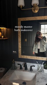 When I teased this dark, moody slate paint color, so many of you were exited to see it on the wall! I'm beyond excited to announce that I've finally finished painting all the nooks and crannies of this bathroom. 🚿 It was not the easiest DIY project, between a pivot on the wall trim we chose and a struggle to get the paint color just right. 👌🏼 We fell in love with this one because it's a chameleon color and shifts beautifully between charcoal gray, deep navy and even black. 😍 Coupled with the