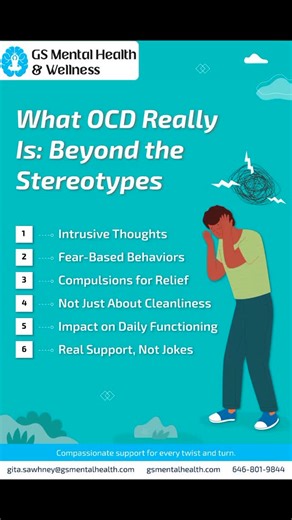 What OCD Really Is: Beyond the Stereotypes • Intrusive thoughts • Fear-based behaviors • Compulsions for relief • Not just about cleanliness • Impacts daily functioning • Deserves real support Education breaks stigma 💙 #OCDHelp #MentalHealthAwareness #TherapySupport #OCDCommunity | GS Mental Health & Wellness
