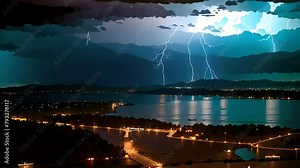Cartoon animation of lightning bolts, night sky, reflections over lake, well-lit roadway, 4K