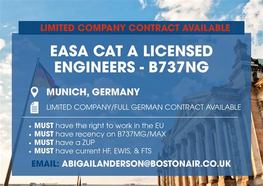 New Opportunity in Munich, Germany We’re recruiting EASA B1/B2 and CAT A Licensed Engineers to join our Line Maintenance team based in Munich, Germany! 🚨 Limited Company Contracts Available 🚨 What’s on offer: 🔹 Accommodation & local transport provided 🔹 Tax-free travel allowance 🔹 7 on / 7 off shift roster 🔹 Night shifts only Requirements include: ✅ MUST have the right to work in the EU ✅ MUST have recency on B737MG/MAX ✅ MUST have a ZUP ✅ MUST have current HF, EWIS, & FTS * Full German co