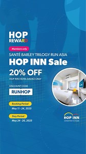 20 reactions · 8 comments | Stay just 7mins from the venue! Use the promo code RUNHOP and get 20% OFF at #HopInnDavao: bit.ly/hopinndavao #HopInnHotel #TrilogyRunAsia #SantéBarleyTrilogyRunAsia #ConsistencyIsYours | Hop Inn Hotel Philippines | Facebook