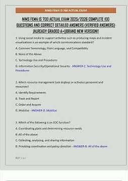NIMS FEMA IS 700 ACTUAL EXAM 20252026 COMPLETE 100 QUESTIONS AND CORRECT DETAILED ANSWERS VERIFIED A
