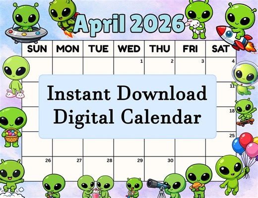 Editable April 2026 Calendar Printable, April Planner Printable Cute Alien Monthly Calendar PDF Instant Download Planner Print or Type