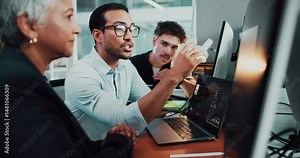 Coding, laptop and people in group discussion in office for help, web development or training with mentor. Team, planning and programmer with idea for software project, coaching and business advice Stock Video