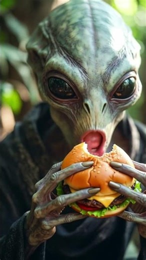 Alien Tries Earth Food! 🤣 Watch its reaction to a Cheeseburger! #Shorts #Alien #Burger #asmr
