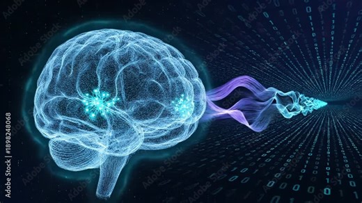 Brain emits data wave stream. Neural activity pulses in brain model. Data stream becomes binary network signal. AI intelligence concept shown through interface. Technology links neuron to network.