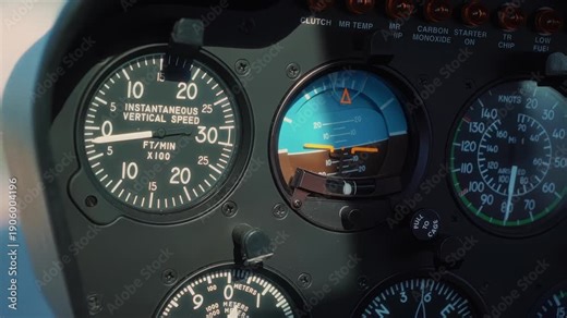 Instrument panel of a helicopter cockpit showing vertical speed indicators and altimeter readings, with gauges transitioning from low to high values in a clear sky setting
