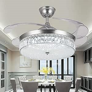 42" Invisible Ceiling Fan Chandelier Light,Modern Crystal Ceiling Fan Light Remote Control 4 Retractable ABS Blades for Bedroom Living Room Dining Room Decoration (Style D)
