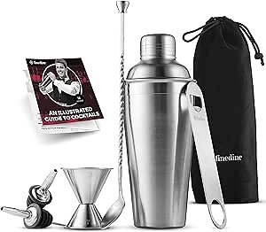 FineDine 7-Piece Cocktail Shaker Set - Bar Tools - Stainless Steel Bartender Kit, with All Bar Accessories, Cocktail Strainer, Double Jigger, Bar Spoon, Bottle Opener, Pour Spouts