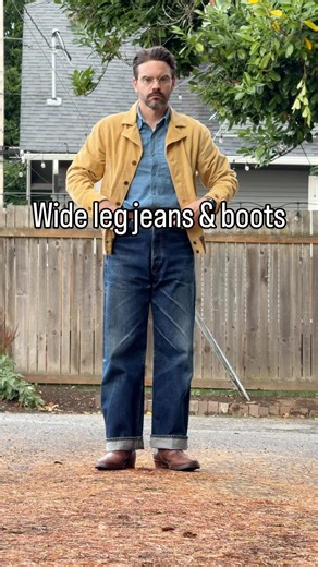 Nate on Instagram: "Wide leg denim & engineer boots. One of my favorite combos. This time I have paired them with a chambray shirt, and a corduroy jacket. Nothing too crazy, nothing boring. #mensstyle #vintagestyle #vintage #heritagestyle #wiwt #heritage #grwm #amekaji #mensfashion #menswear #widelegjeans #selvedge #denim #denimfades"