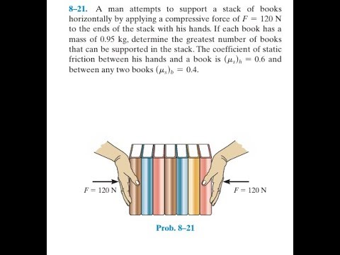 A man attempts to support a stack of books horizontally by applying a compressive force of to the en