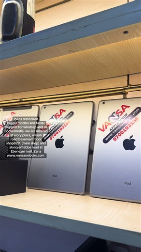 ipads restocked Bigger models and faster Support for whatsap and all Social media. we are located at ivory plaza, wilson road.Basement floor shopB29. (main shop) and along entebbe road at Ebenezer mall, Zana www.vansaunlocks.com @VansaZanaBrach #fyp #come #anythingapple_call_vansa #vansaappleshops #apple
