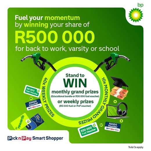 💚 Fuel your momentum with bp! 💚 Start your year strong with more value, more rewards and more reasons to visit bp! Stand to win your share of R500 000 for back to work, varsity, or school — and that’s just the beginning.💥 Here is what is up for grabs: ✨ 10 Monthly Grand Prize Winners will each receive a R30 000 educational bundle including: 1️⃣ R20 000 towards fees 2️⃣ Tech Bundle (Notebook supporting gadgets) 3️⃣R2 000 Pick n Pay Voucher for your stationary or grocery needs. 📌 Customers can