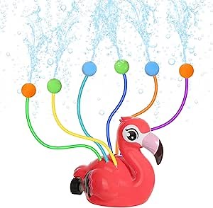 MoKo Water Sprinkler for Kids,Cute Spray Flamingo Toys with 6 Wiggle Tubes 6 Sponge Balls 1 Hose Clamp Outdoor Summer Sprinklers for Garden Backyard Lawn Splashing Fun Toys for Pet, Red Flamingo