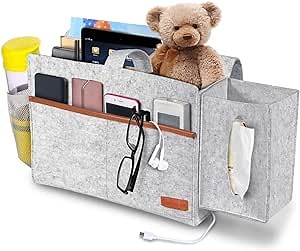 Bedside Organizer, Felt Storage Caddy with Tissue Box and Water Bottle Holder, Magazine Phone Tablet Remote Holder for Home College Dorm Bed Rails, Sofa, Bunk Beds - Light Grey