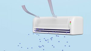 Download 3d animation, air conditioner system with anion, ozone, arrow air flows shows isolated on blue background. 3d render illustration for free