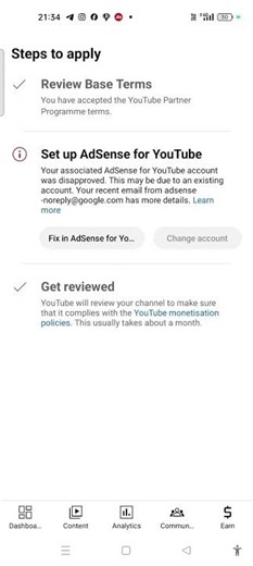 Set up AdSense for YouTubeYour associated AdSense for YouTube account was disapproved.