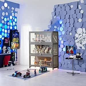 Small Display Cabinet with Acrylic Glass Doors, 4-Tier Curio Cabinet Figure Display Case Living Room Storage Cabinets with Doors and Shelves for Collectibles Toy,Gray,Flip top Three Layer