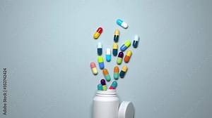 medicines, multi-colored capsules are poured out of the can, forming a heart icon, and then fall asleep, forming an animation loop, 3D animation in the style of “stop motion” 4k Stock Video
