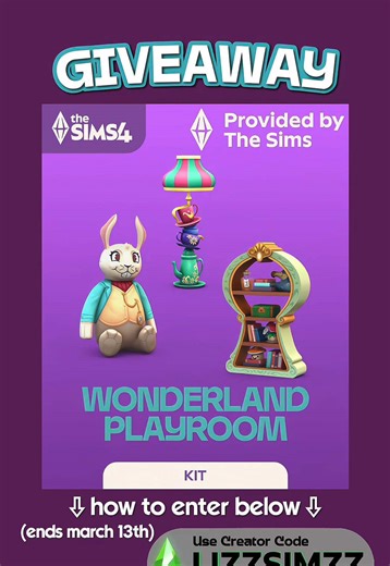 wonderland playroom kit giveaway! 🐇💜 hii loves!! i’m beyond excited to give away one free game code for the sims 4 wonderland playroom kit! huge thanks to the sims for making this giveaway possible 🤍 #SimsPartner how to enter: • like this video • follow me • comment how many hours you have in the sims 🤫 • one entry per simmer | must redeem through the EA app one winner will be randomly selected on march 13th & will receive a free game code via DM, ready to redeem in the EA app! use code LIZZ