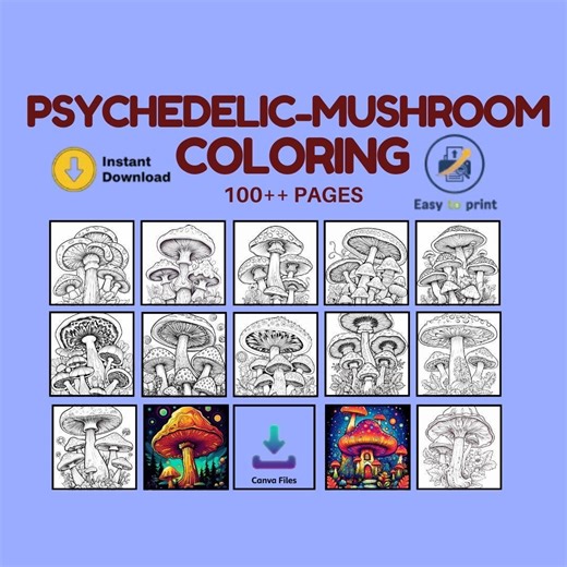 Psychedelic-mushroom Coloring Line Art | 100+ Pages (canva Download) - Etsy