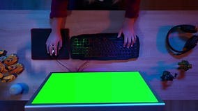 Top View Close Up of Girl Playing Game on Computer with Chroma Key Green Screen, Lost Round Upset Expression Stock Footage - Video of advertising, blogging: 293049680