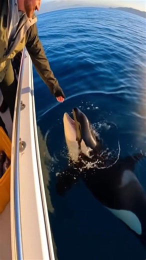 A once-in-a-lifetime moment ❤️ Fishermen feeding an orca right from their boat — pure connection between humans and nature 🌊 #Orca #OceanLife #Fishing #WildNature #viralreelschallenge | Ocean Thrills