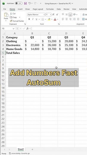 How to Use AutoSum in Excel (Fast Tip) #Excel #ExcelTips #Microsoft