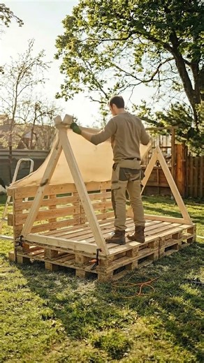 DIY Pallet Bed That Looks INSANE at Golden Hour 🌅 #DIY #Woodworking #BackyardBuild #PalletFurniture