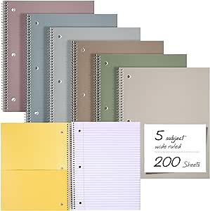 Teling 6 Pcs Colored 5 Subject College Ruled Spiral Notebook Wide Ruled 200 Sheets, 8 x 10 1/2 Inch A5 3 Hole Divider Pockets Assorted Colors for Office(Classic Color)
