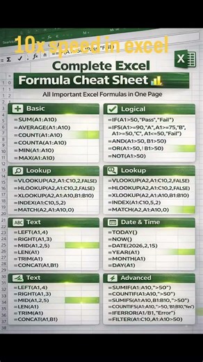 All Important Excel Formulas in One Page 🔥 | Must Know Excel Formulas #Shorts
