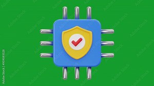 3d animation of microchip security 3d icon with green background, cyber security set