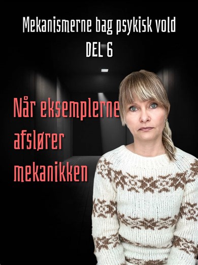 DEL 6 – Når eksemplerne afslører mekanikken Inden jeg går videre, er der noget vigtigt, jeg vil sige helt klart: Det, du hører nu, er ikke for at chokere. Og jeg kommer ikke til at gå i detaljer. Dette er del 6 i serien ‘mekanismerne bag psykisk vold’ - har du ikke set de første dele, anbefales det at du ser dem først og derefter vender tilbage til denne del. De konkrete eksempler, jeg refererer til her, stammer fra den samme virkelige fortælling som resten af serien. De er givet med tilladelse.