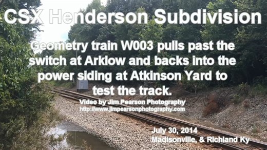 3K views · 152 reactions | July 30, 2014 - CSX Geometry train W003 pulls past the switch at Arklow and backs into the power siding at Atkinson Yard to test the track.at Madisonville, Ky, with engine 5962, the Hocking Valley Car and the TGC3 geometry car. | Jim Pearson Photography | Facebook