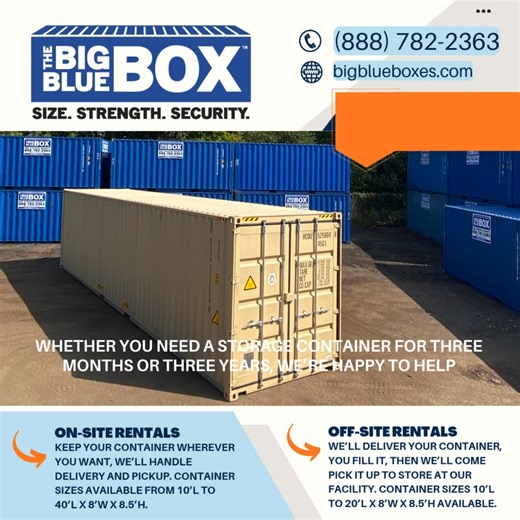 Business needs change — your storage should too. With Big Blue Box commercial rentals, you get heavy-duty shipping containers that grow with your operation. Store tools, materials, or inventory with total peace of mind: 🔒 Secure & weatherproof for all environments 🚚 Delivered fast directly to your business or site 💰 Flexible rental terms to fit your project timeline 🏢 Trusted by commercial, government, and industrial clients nationwide Whether you’re expanding your operation or need temporar