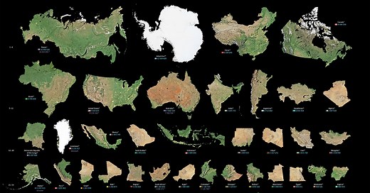 Visualizing the True Size of Land Masses from Largest to Smallest