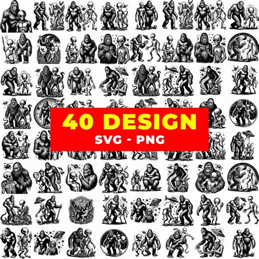 Bigfoot & Alien SVG Bundle | Engraving Style Cryptid Art (PNG) - Etsy