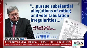 19K views · 275 reactions | Attorney General Barr is allowing prosecutors to go around long-standing policies about investigating voter fraud allegations, which could give a boost to baseless claims about election integrity. Judges in Georgia, Michigan and Nevada have already rejected lawsuits backed by the Trump campaign. | CBS News | Facebook